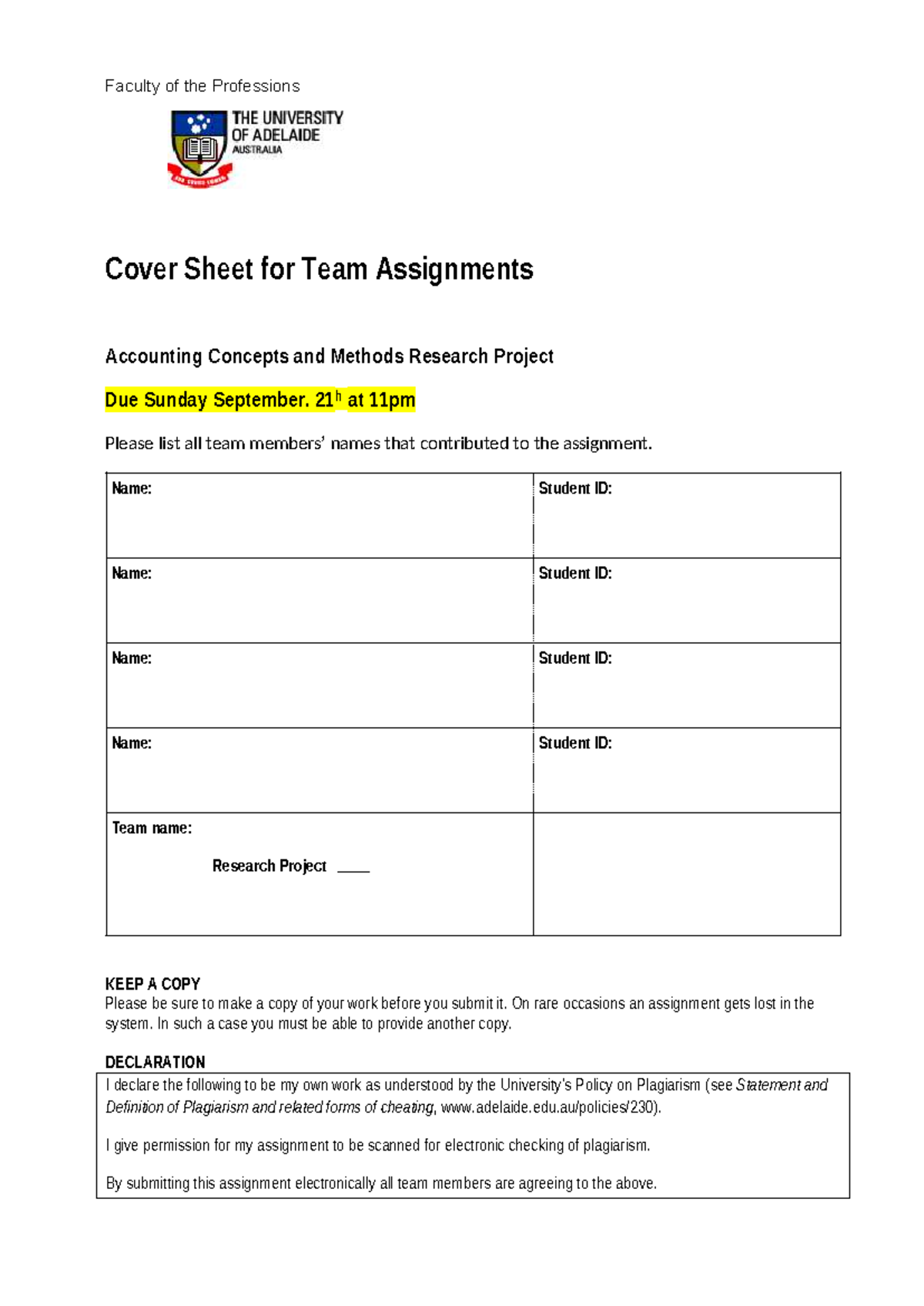 Cover Sheet for Team Assignments - Accounting Concepts & Methods - Studocu