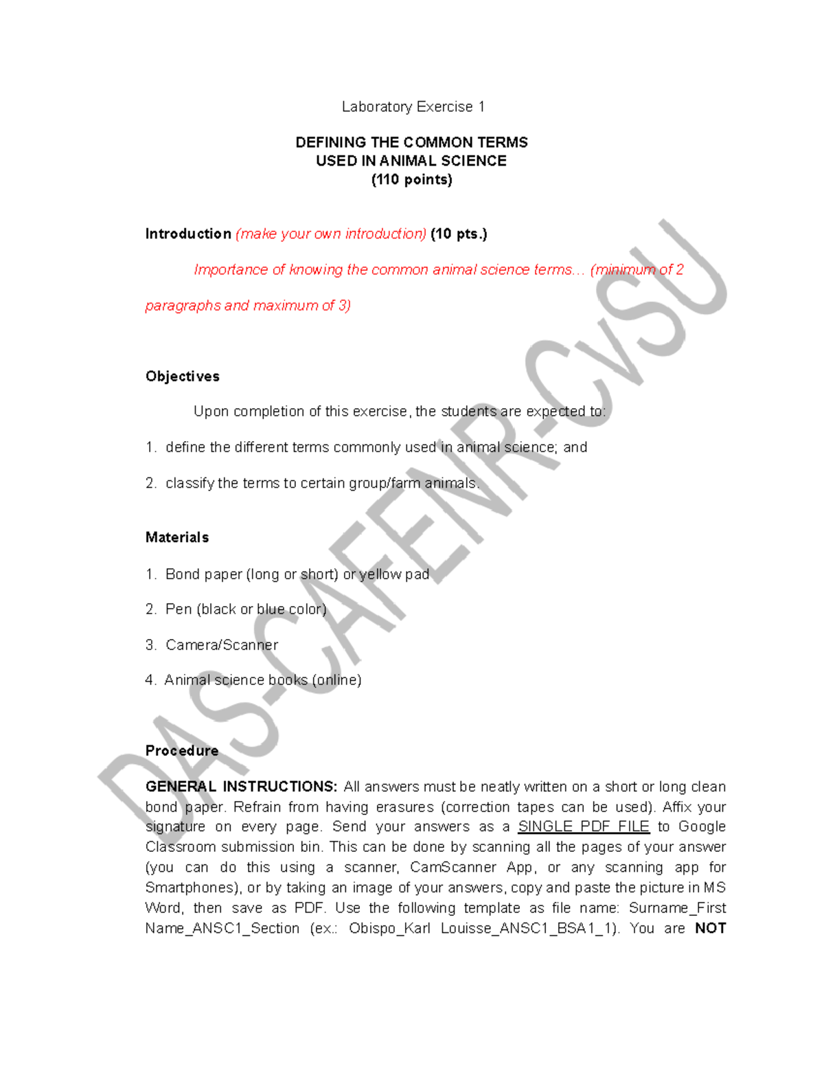 ANSC1 Laboratory Exercise 1: Defining Common Animal Science Terms - Studocu