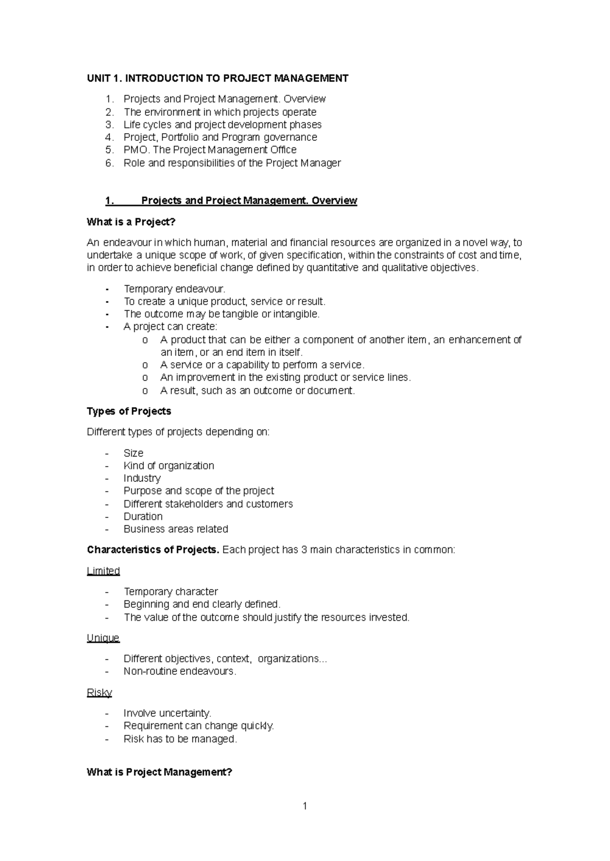 UNIT 1: INTRODUCTION TO PROJECT MANAGEMENT - Key Concepts and Processes ...