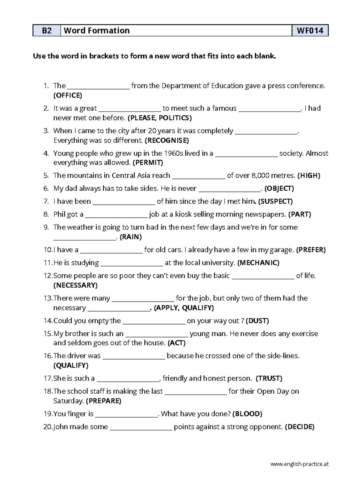 B2 Word Formation WF014: Exercises on Word Creation - Studocu