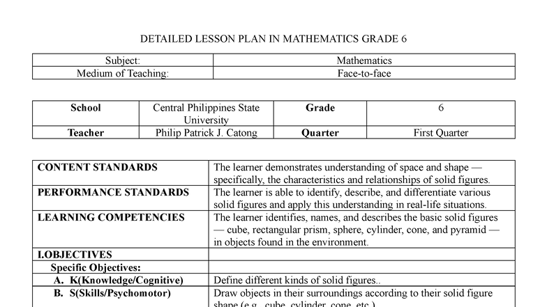 Detailed Lesson Plan: Solid Figures in Mathematics (Grade 6) - Studocu