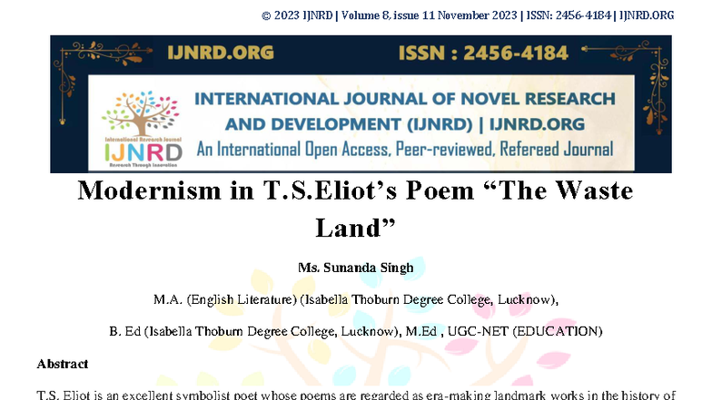 Modernism in T.S. Eliot's Poem "The Waste Land" - IJNRD2311239 - Studocu