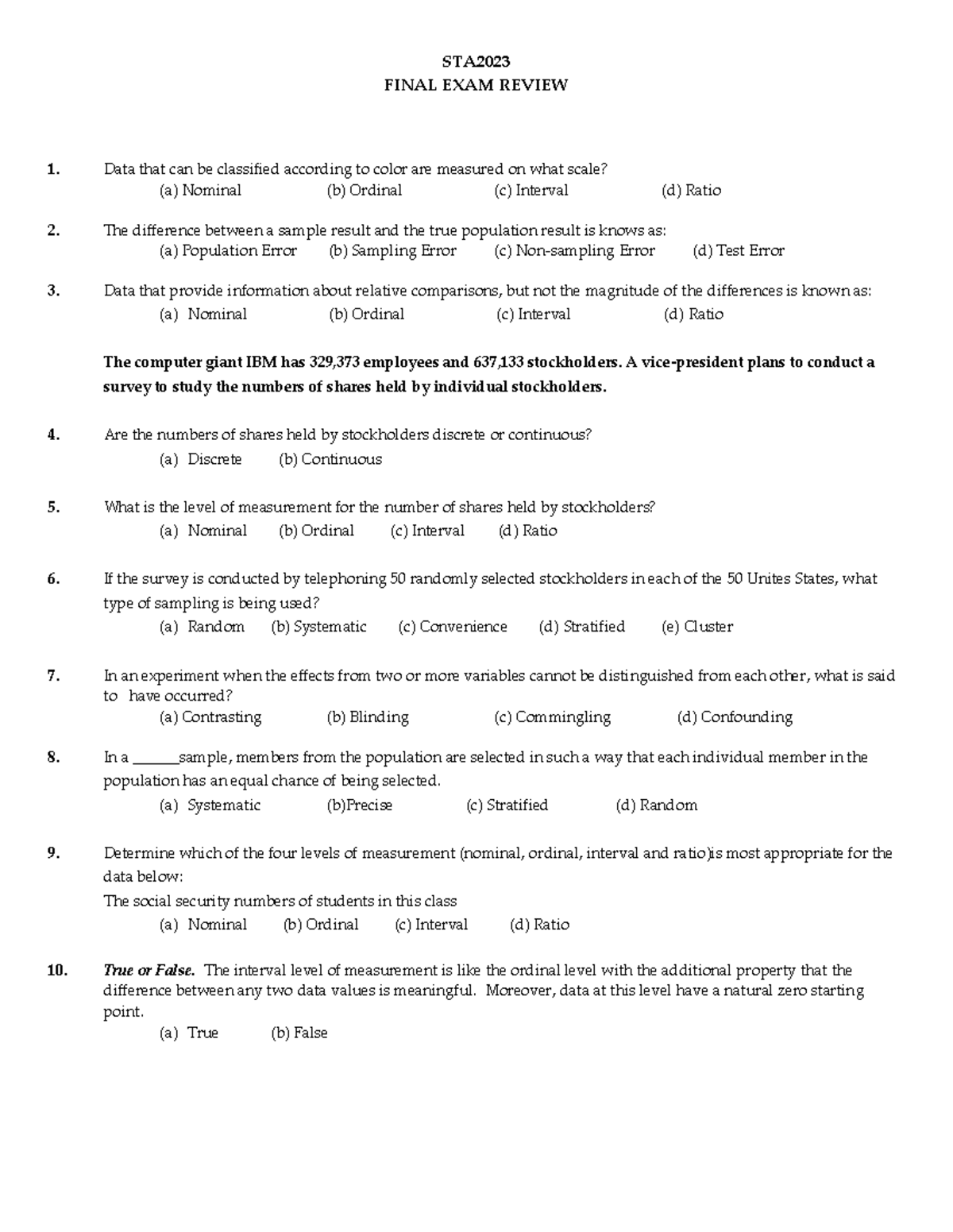 STA2023 FINAL EXAM REVIEW: Key Concepts and Practice Questions - Studocu