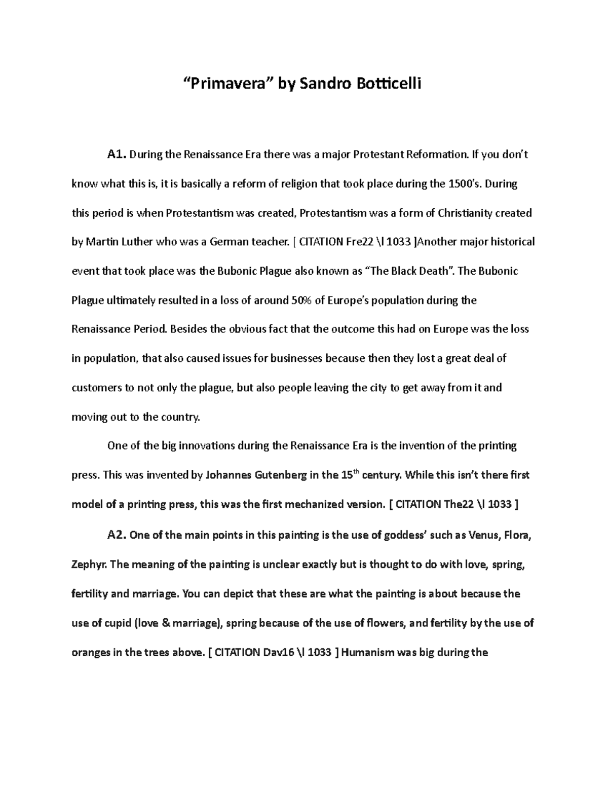 C100 task 1 - Passed - “Primavera” by Sandro Botticelli A1. During the ...