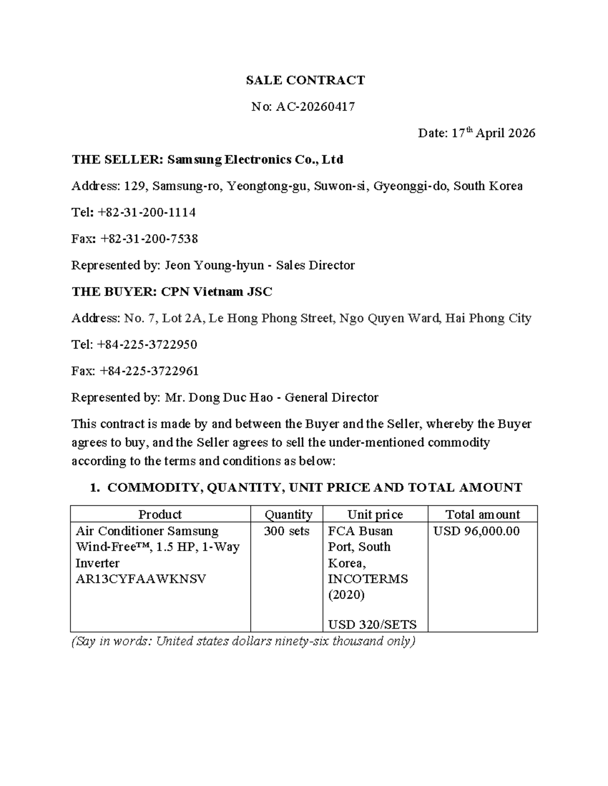 SALE CONTRACT No: Samsung Electronics & CPN Vietnam JSC - Studocu