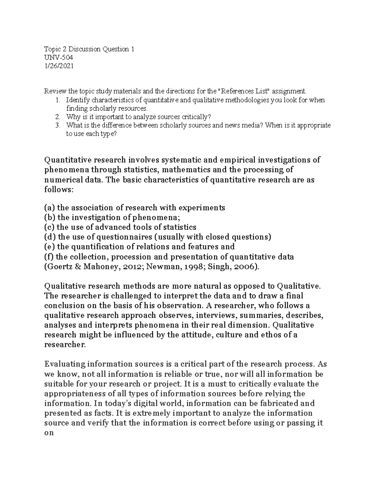 UNV - T2DQ1: Analyzing Quantitative vs Qualitative Methodologies - Studocu