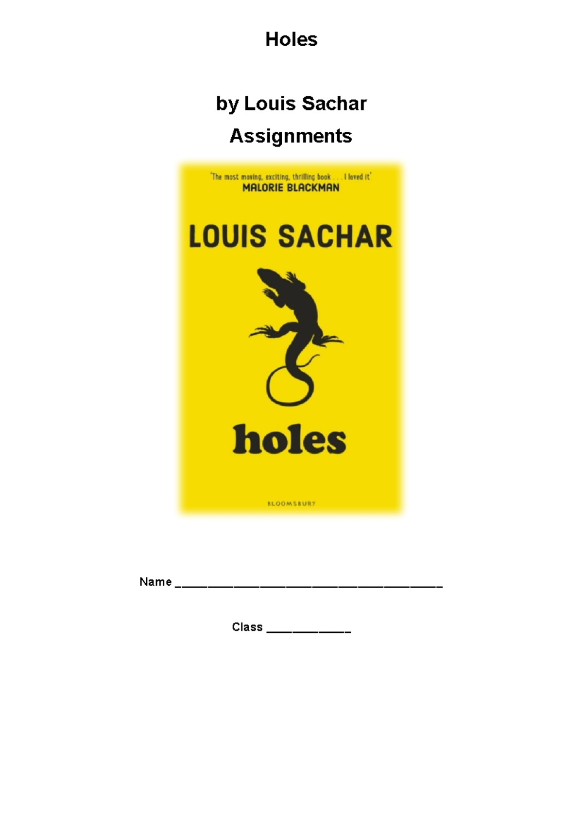 Holes (LOU 101) - Comprehensive Assignment on Reading & Analysis ...
