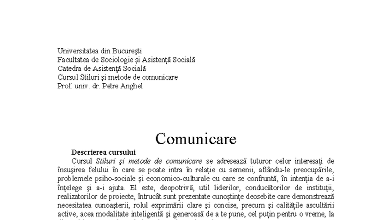 Curs 46798416: Stiluri și Metode de Comunicare - Suport Teoretic - Studocu