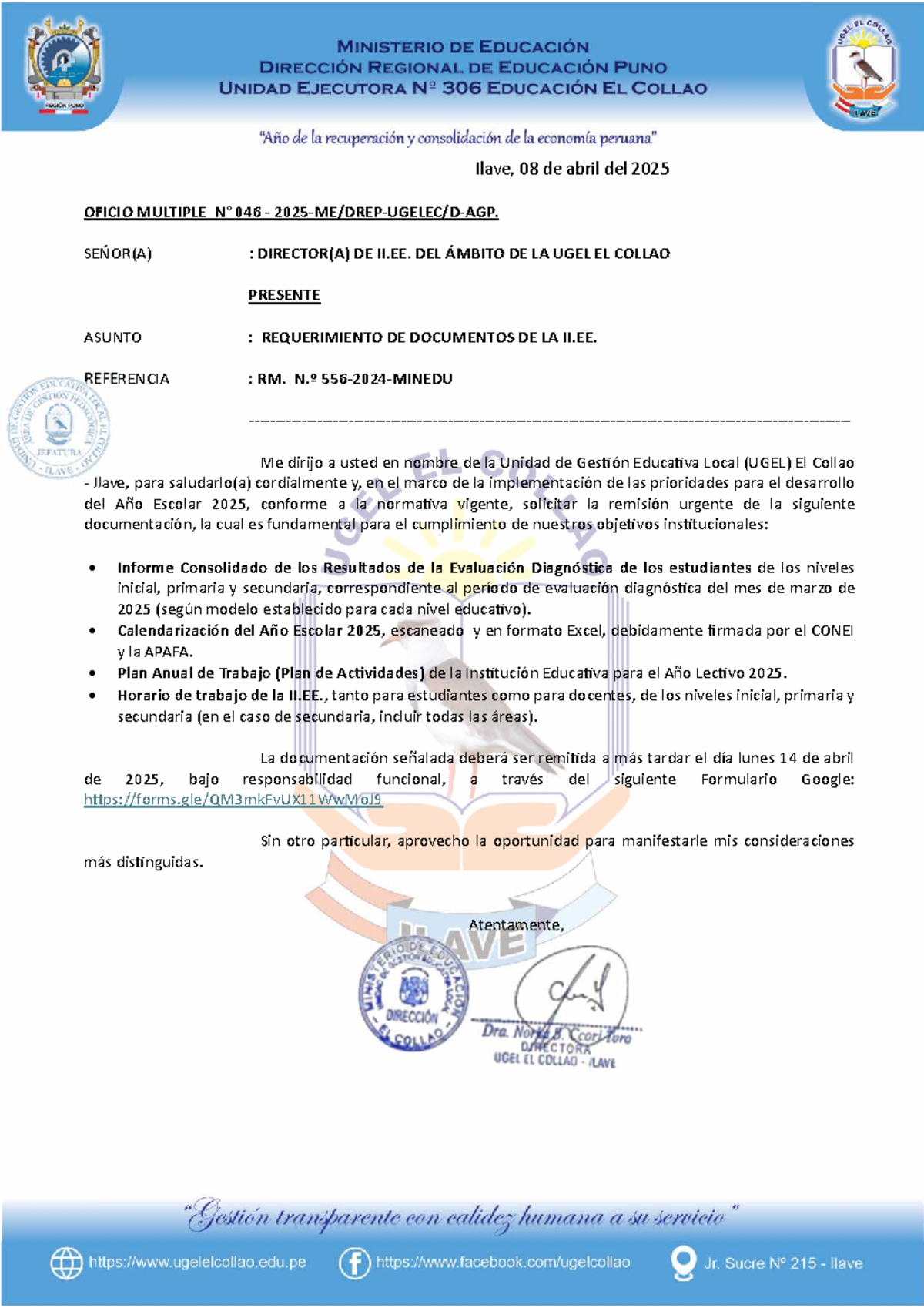 Oficio Multiple N° 046 Requerimiento DE Documentos 1 - Ilave, 08 de abril del 2025 OFICIO ...