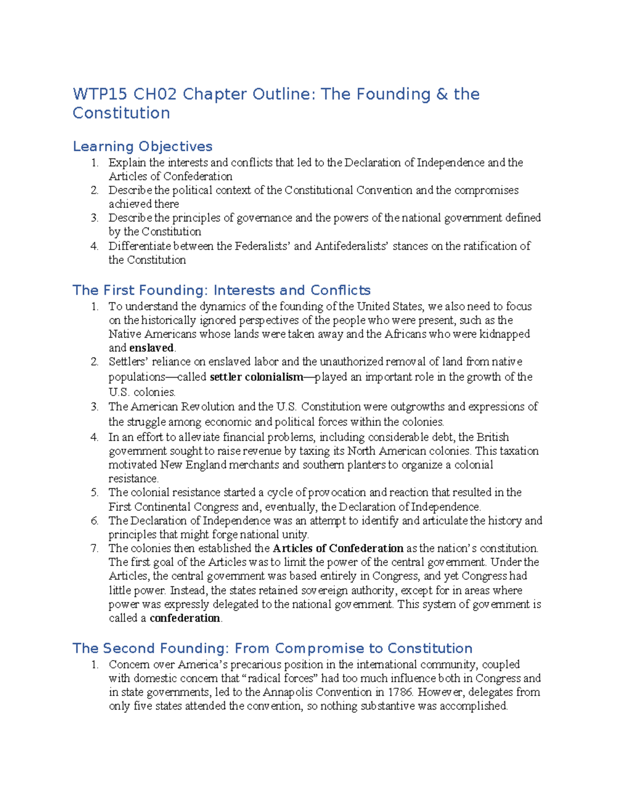 WTP15 CH02 Chapter Outline: The Founding, Constitution & Ratification ...