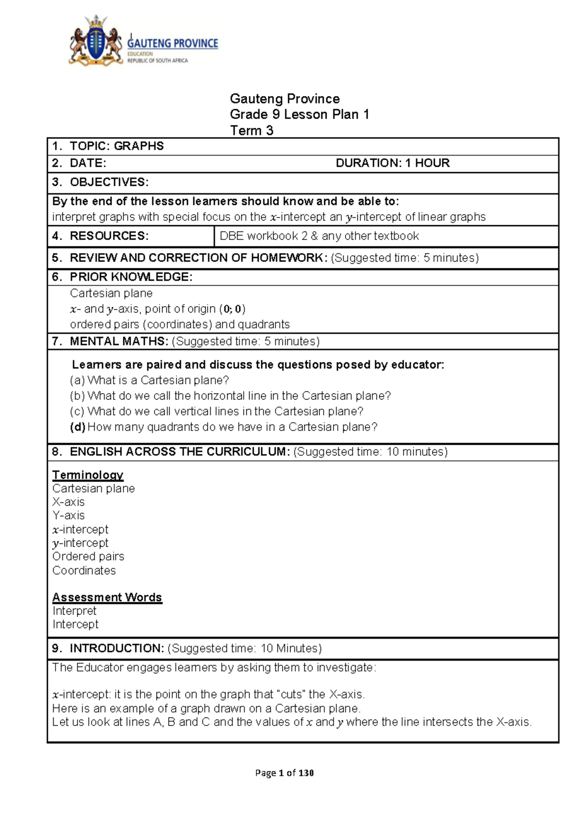 Gauteng Province Grade 9 Term 3 Lesson Plan: Graphs & Cartesian Plane ...