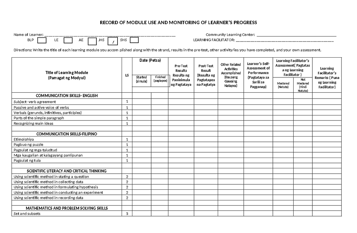 Record OF Module USE HS - ALS - RECORD OF MODULE USE AND MONITORING OF ...