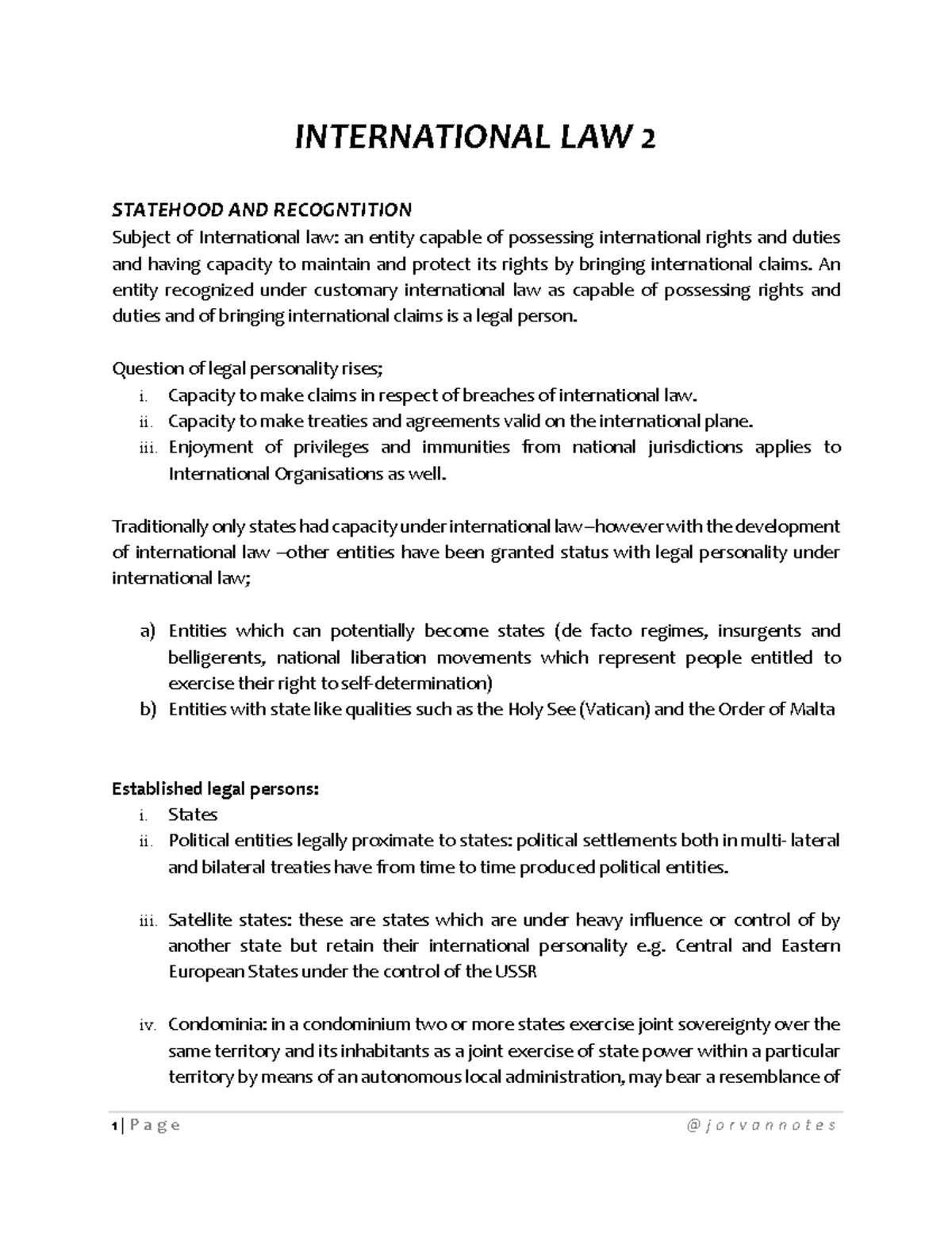 International Law 2: Statehood and Recognition Overview - Studocu