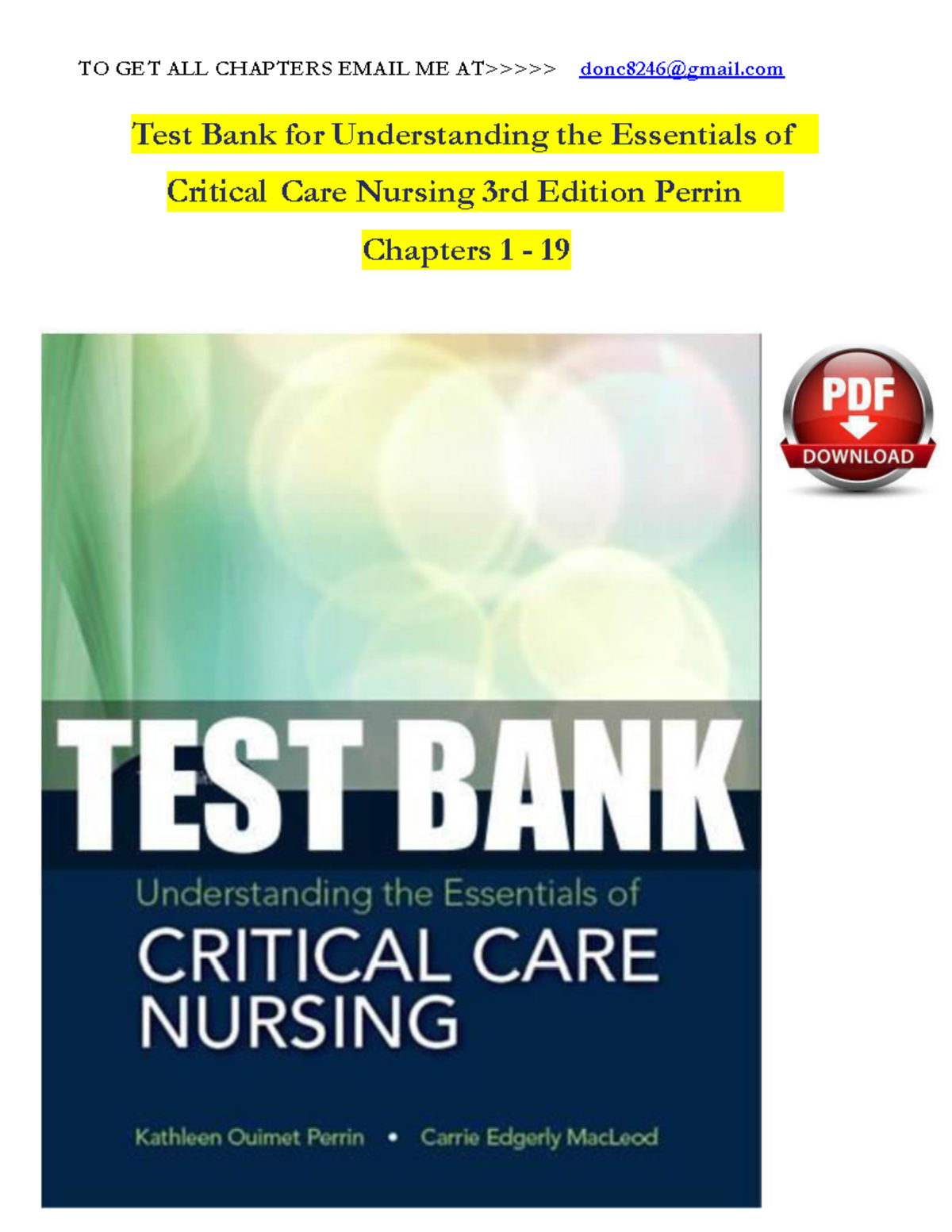 TEST BANK: Understanding Essentials of Critical Care Nursing 3rd Ed ...