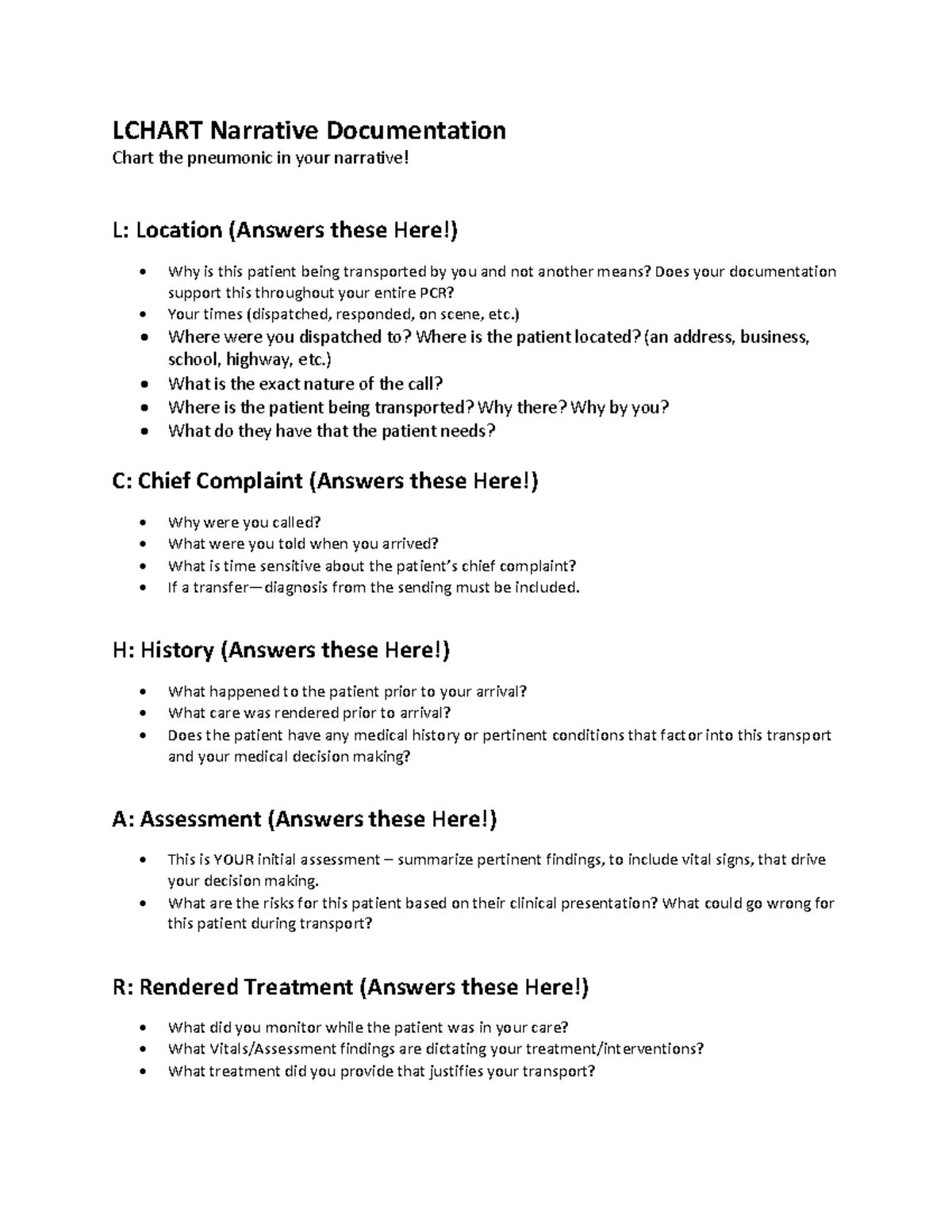 LCHART Documentation: Patient Transport Narrative Guidelines - Studocu
