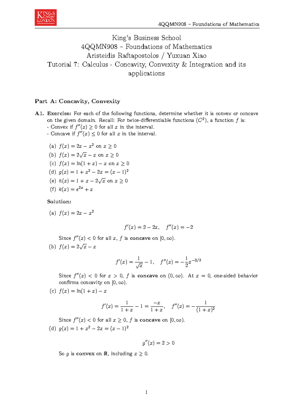 4QQMN908 Foundations of Mathematics Tutorial 7: Calculus on Concavity ...