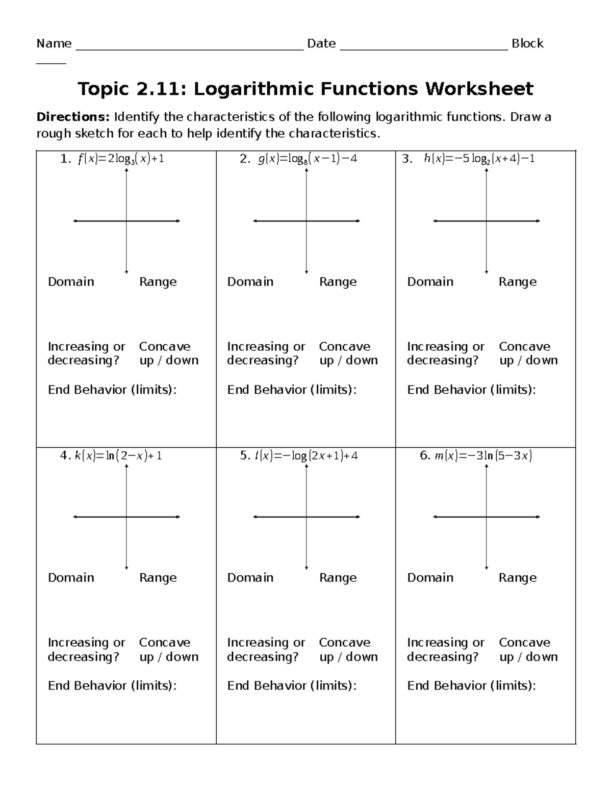 Dec 16-17 Worksheet: Topic 2.11 - Logarithmic Functions Analysis - Studocu
