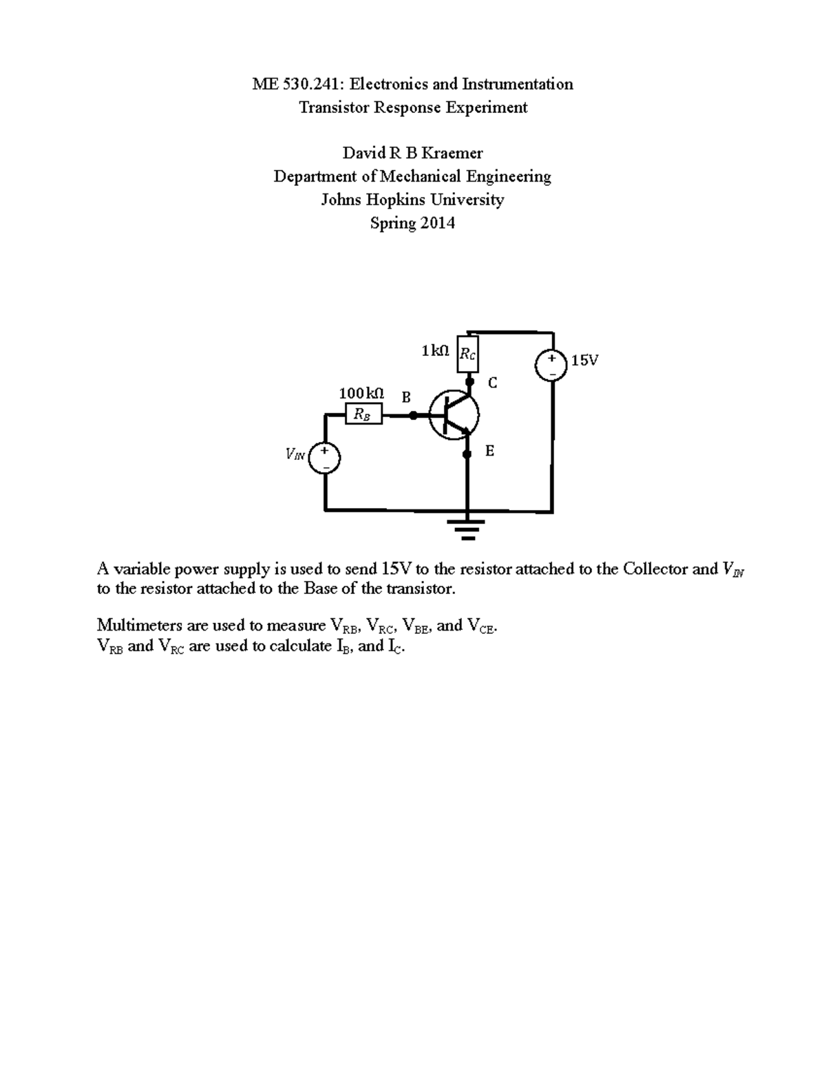 Transistor Response Experiment - ME 530: Electronics and ...