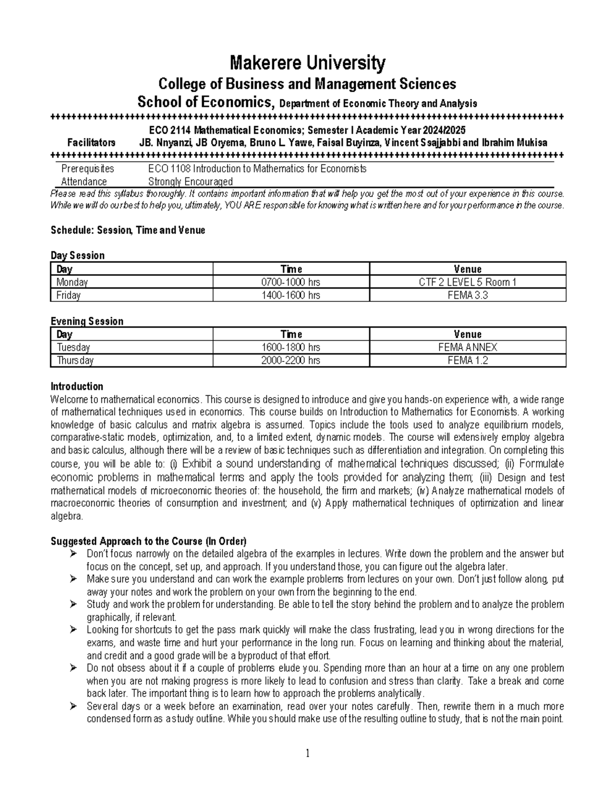 ECO 2114 Mathematical Economics Syllabus - Semester I Overview - Studocu