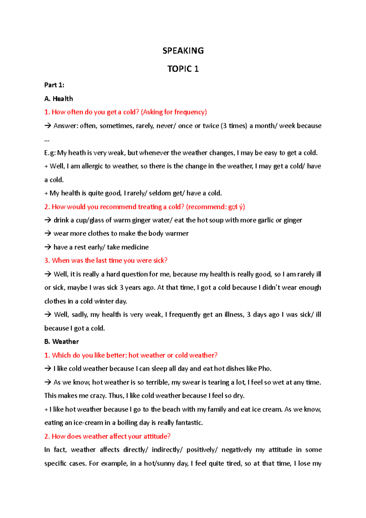 Speaking Topics - Grade: 3 - SPEAKING TOPIC 1 Part 1: A. Health How ...