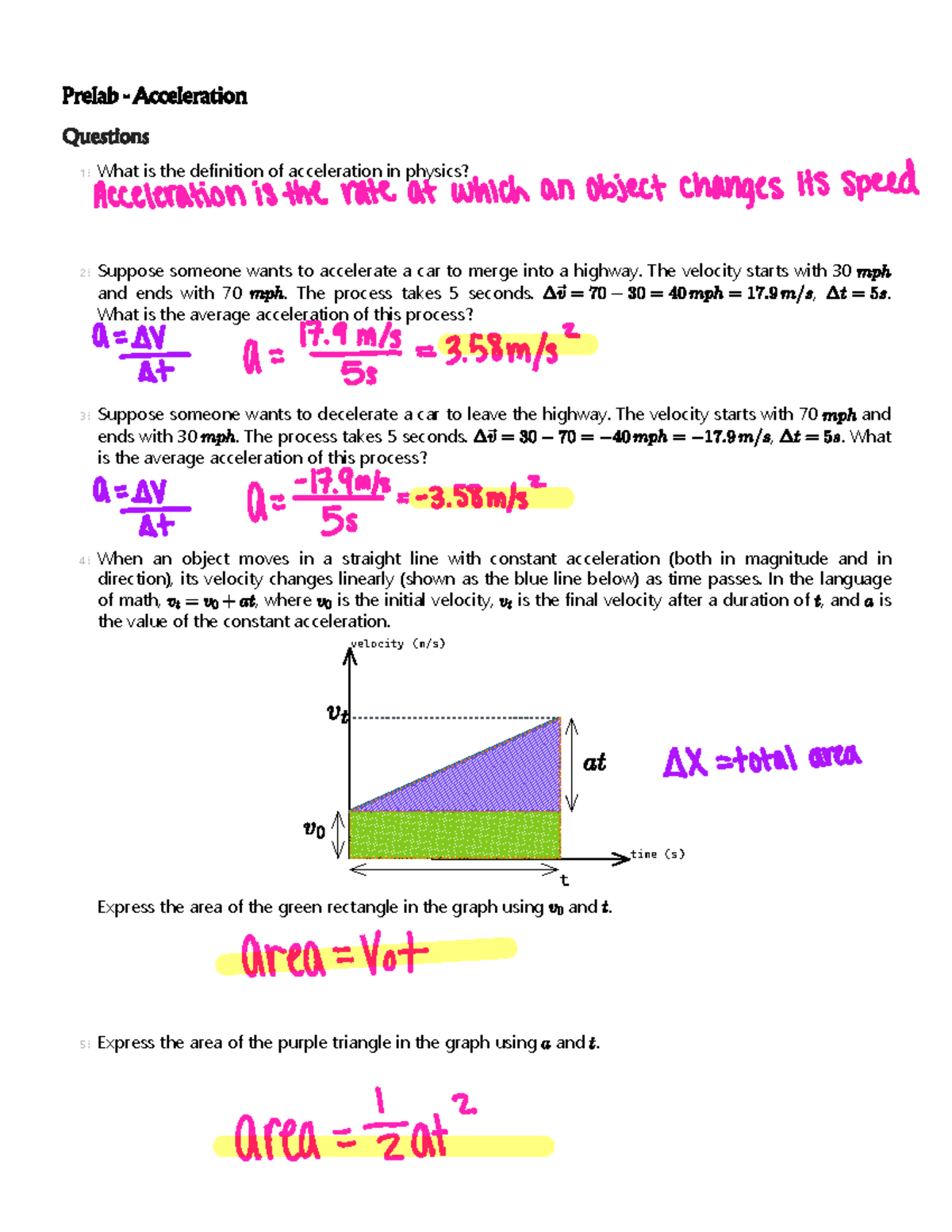 Prelab - Acceleration Concepts and Calculations for Physics 101 - Studocu