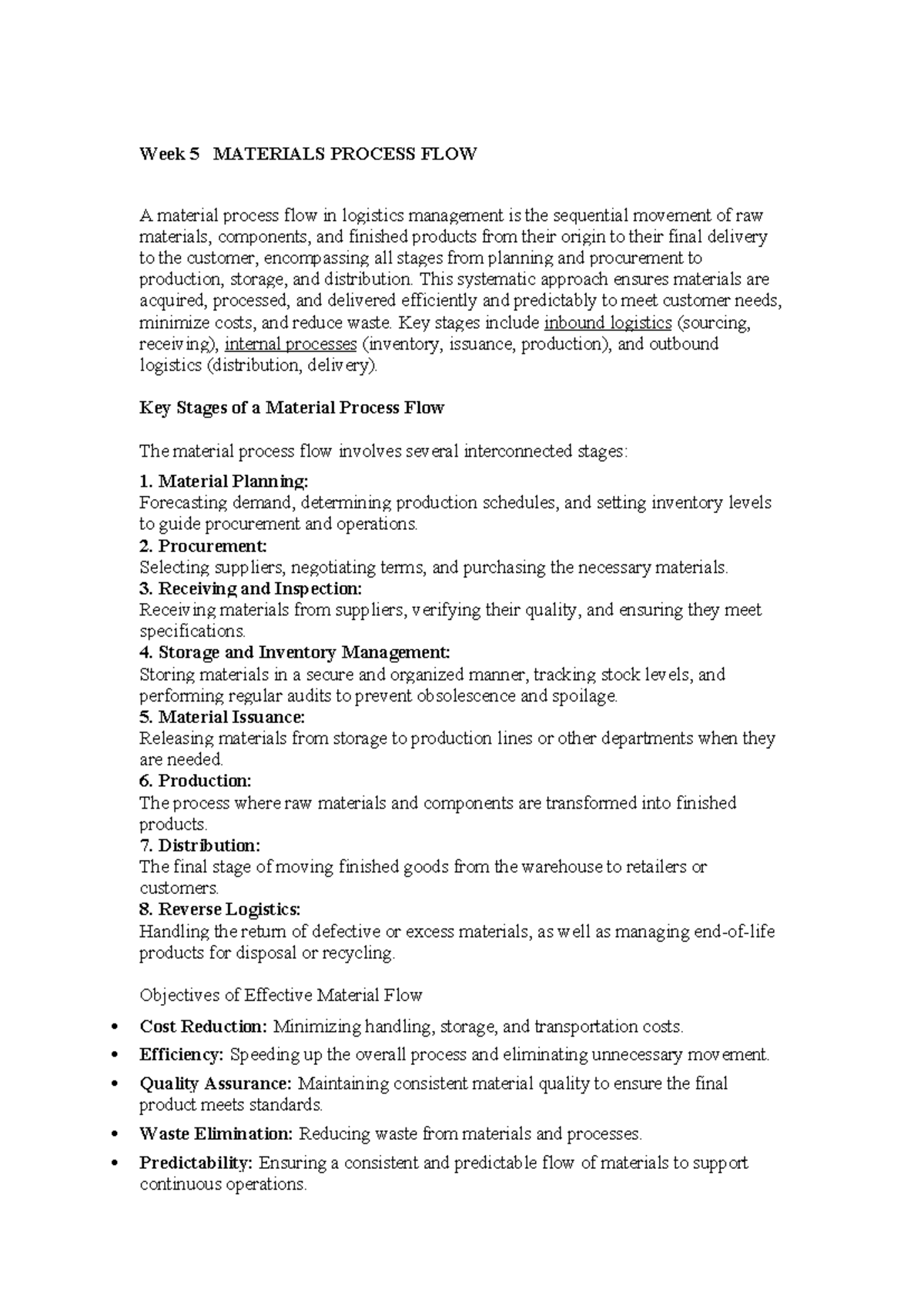 Week 5 Logistics: Material Process Flow in SCM - Studocu