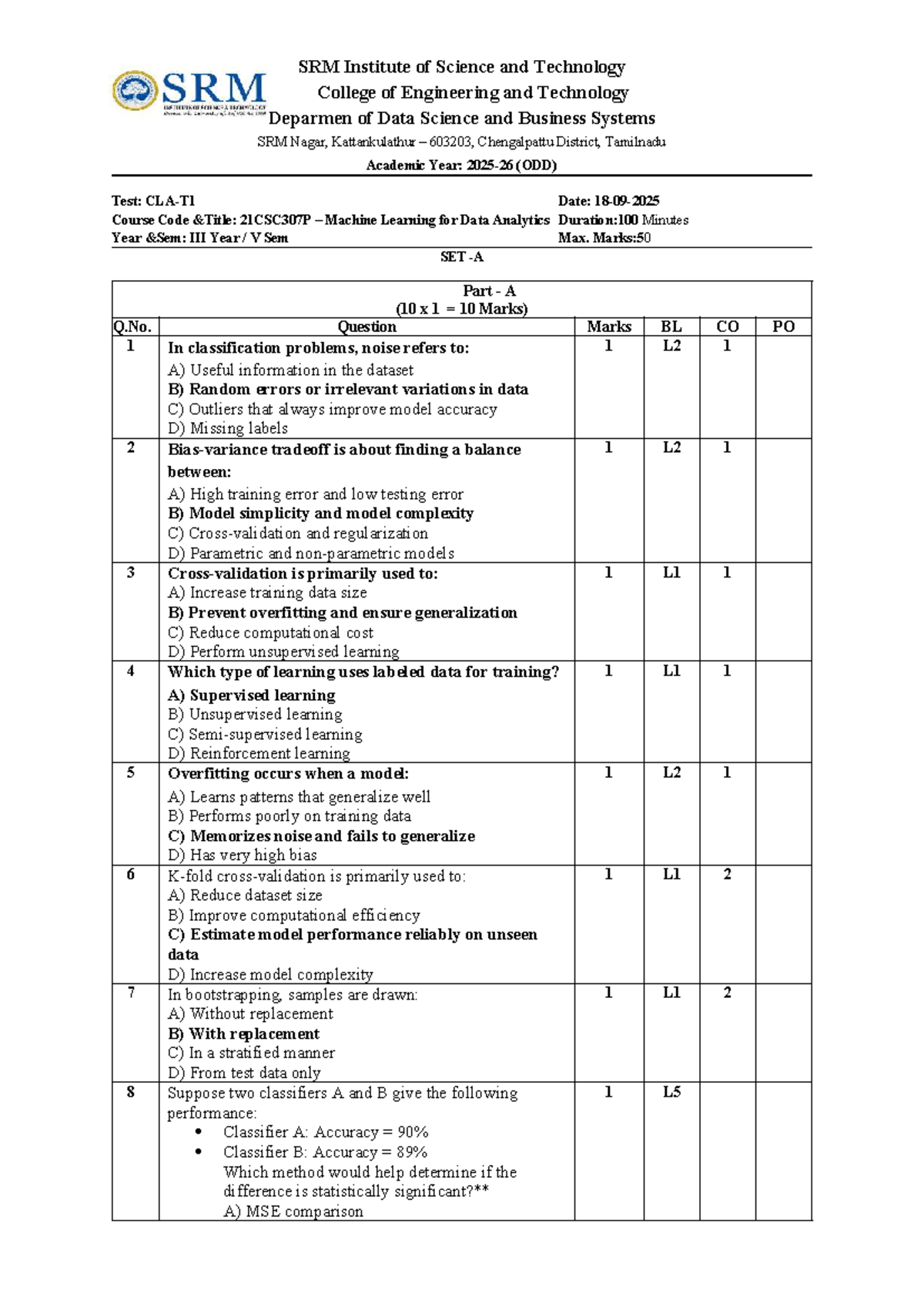 CT1-ML-Set-A: Answer Key for Machine Learning Exam 21CSC307P - Studocu