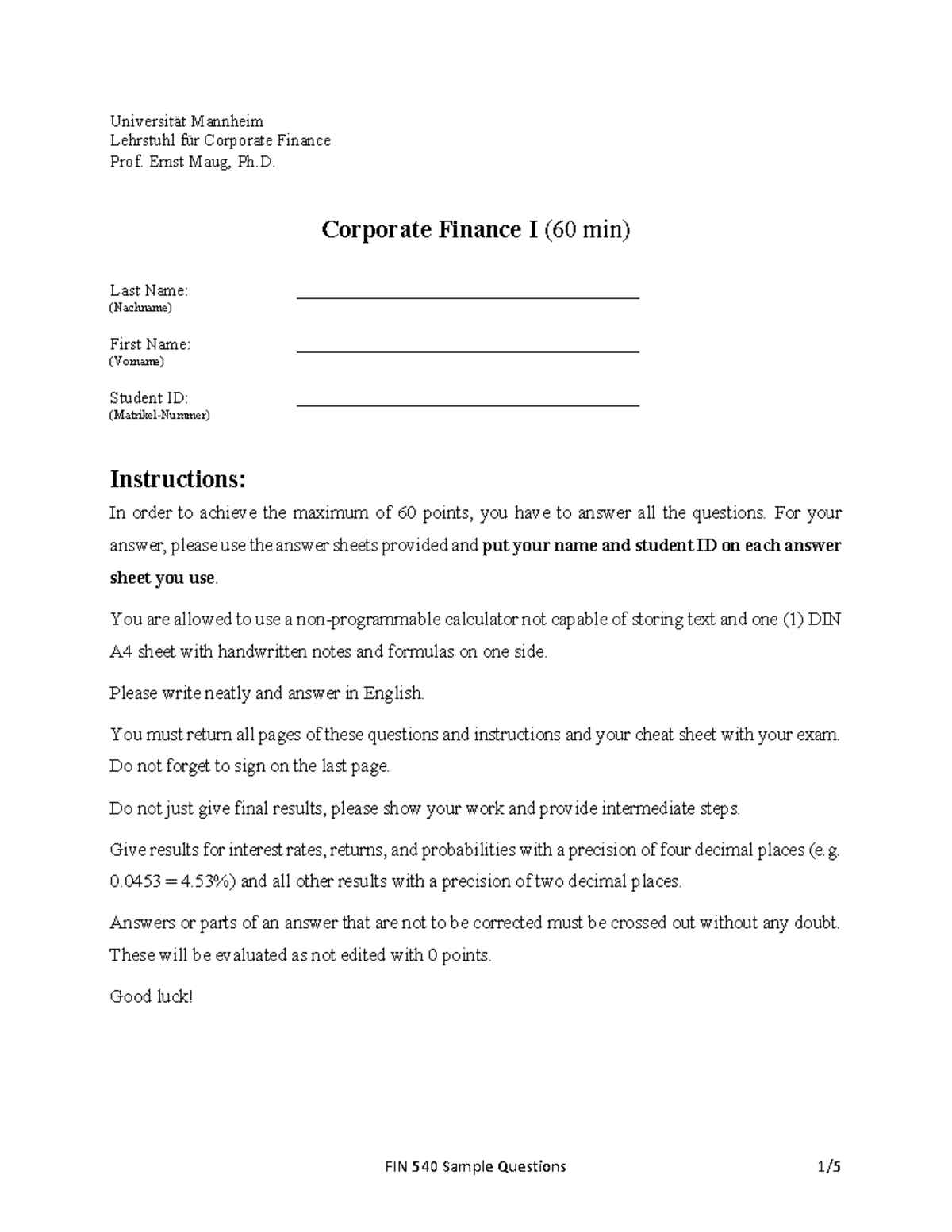 Sample Questions for FIN 540: Corporate Finance I Exam Prep - Studocu