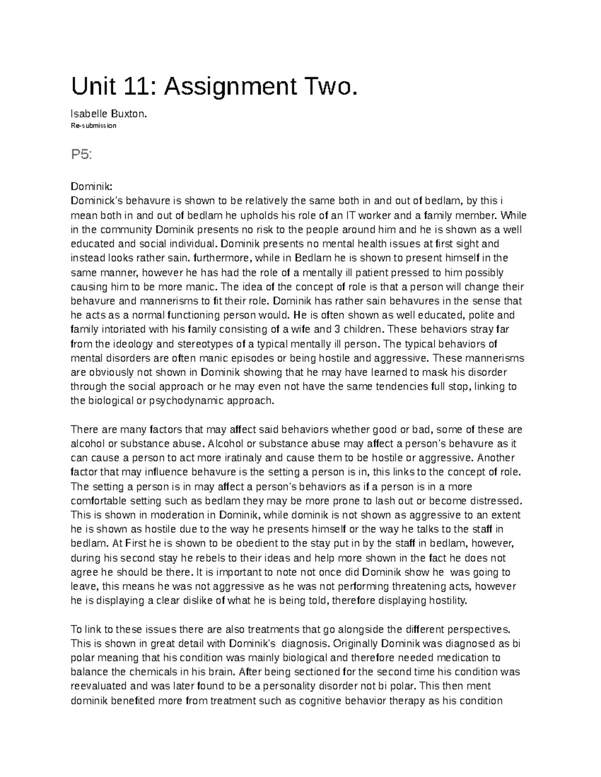 Unit 11 Assignment Two: Analysis of Dominik and Katrina's Behaviors ...