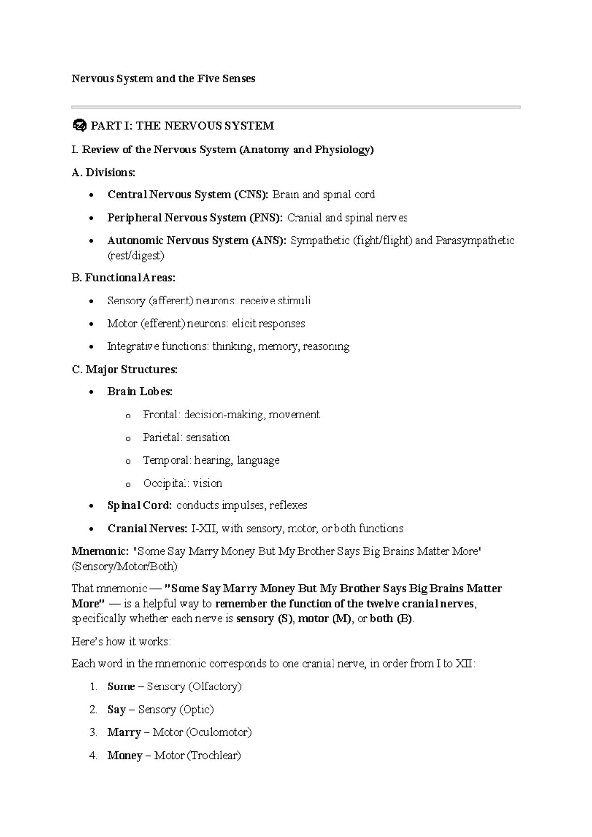 Nervous System and the Five Senses - Lecture Notes - Studocu