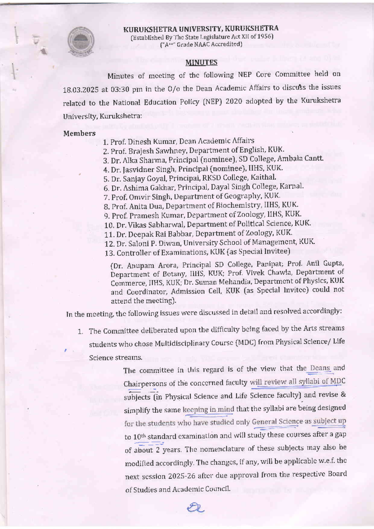 Minutes of NEP Core Committee Meeting - KUK (18.03.2025) - Studocu