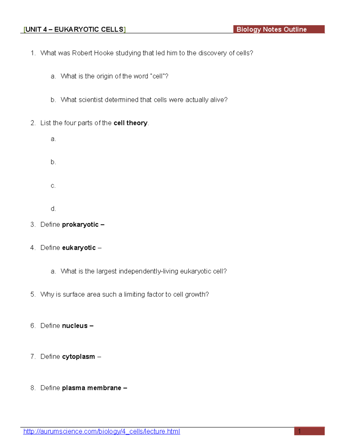 Biology 101 Eukaryotic Cell Structure & Function Final Notes Outline ...