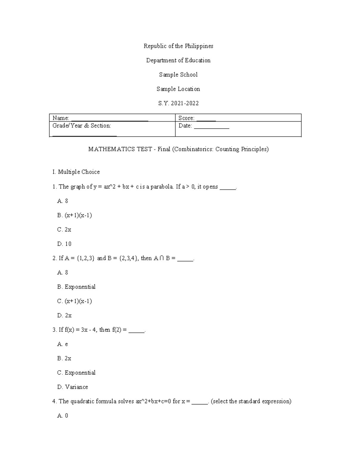 MATH 266 Final Exam: Combinatorics & Counting Principles Spring 2021 - Studocu