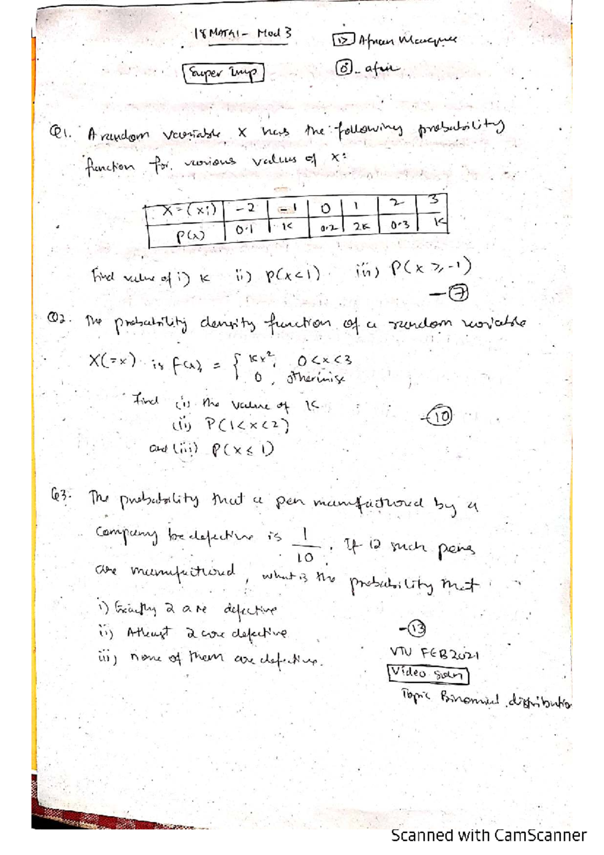 18MAT41 Mod 3 Probability Functions & Binomial Distribution Notes - Studocu