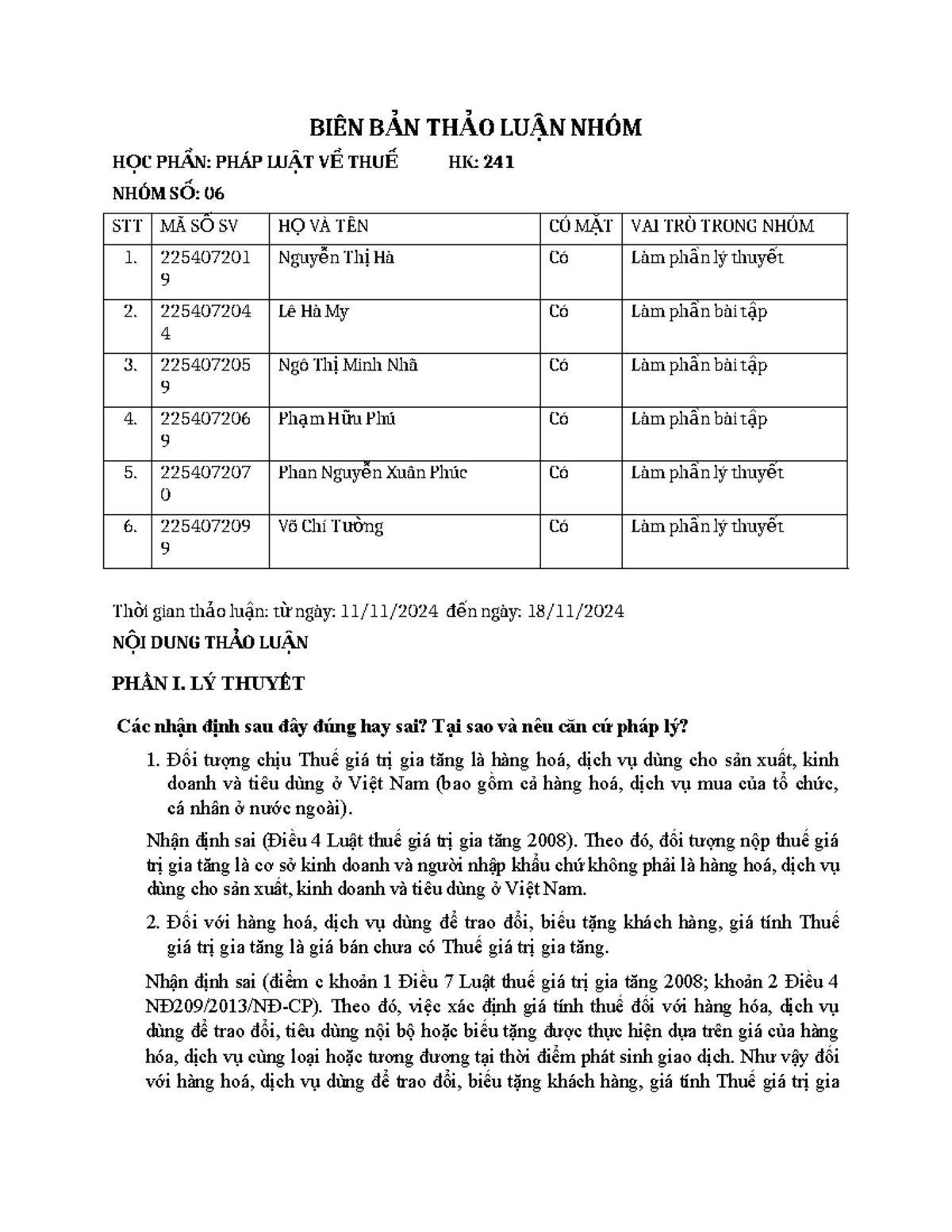 BIÊN BẢN THẢO LUẬN NHÓM HỌC PHẦN PHÁP LUẬT VỀ THUẾ HK: 241 - Studocu