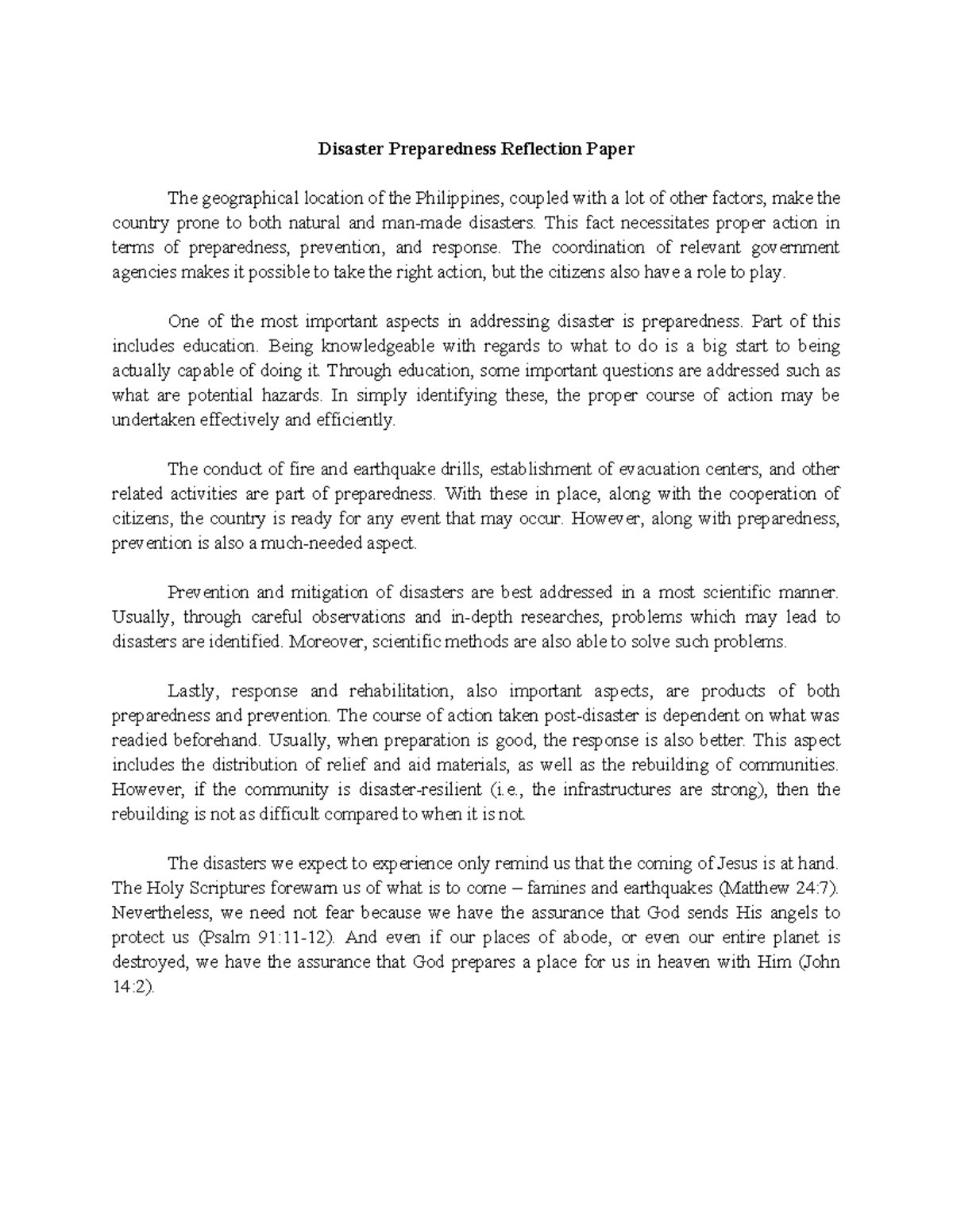 NSTP 1 Reflection Paper on Disaster Preparedness and Response - Studocu