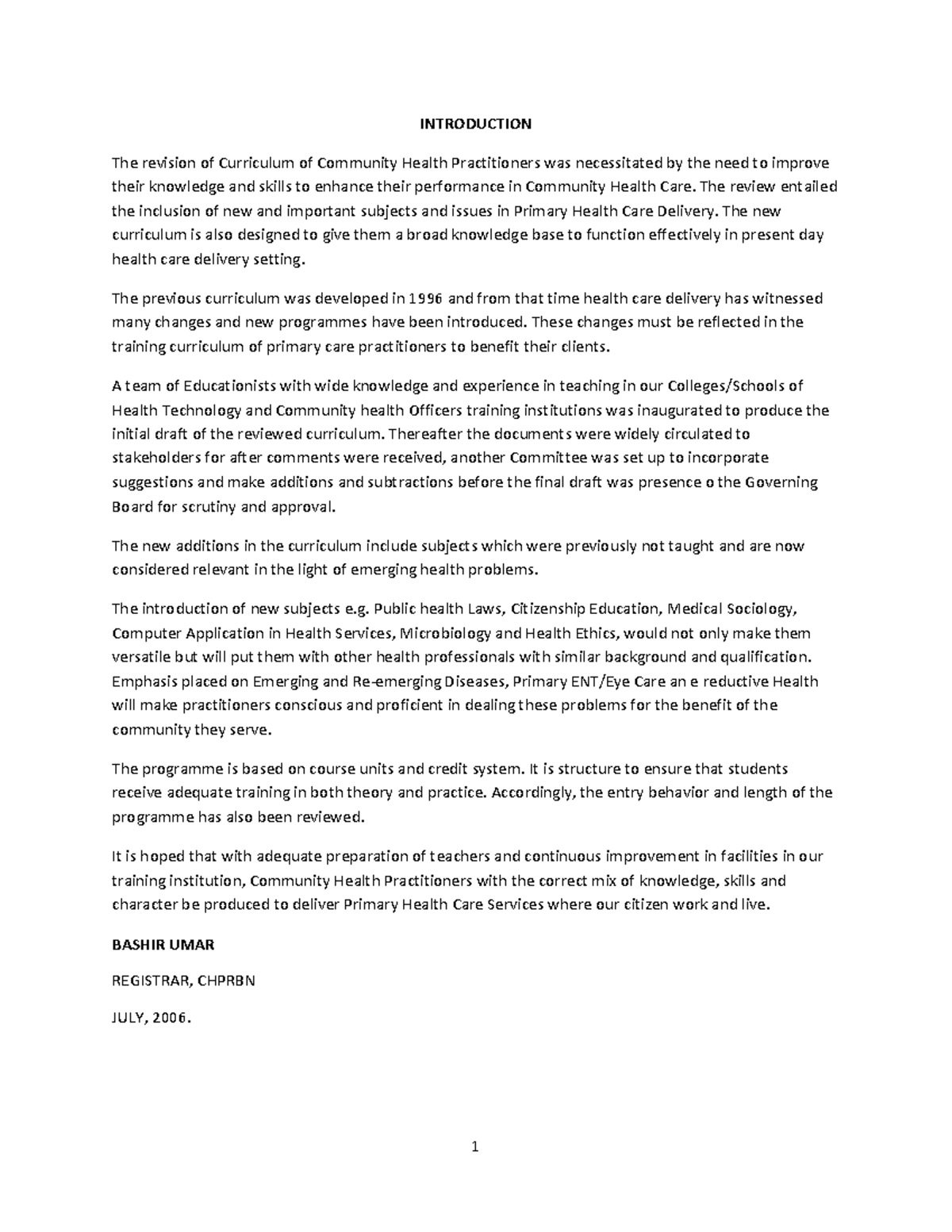 Revised Curriculum for Community Health Practitioners (CHEW) - Studocu