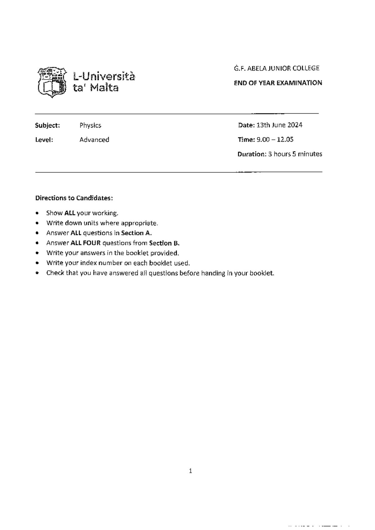 Physics Advanced 2024 - End of Year Examination Guide - Studocu