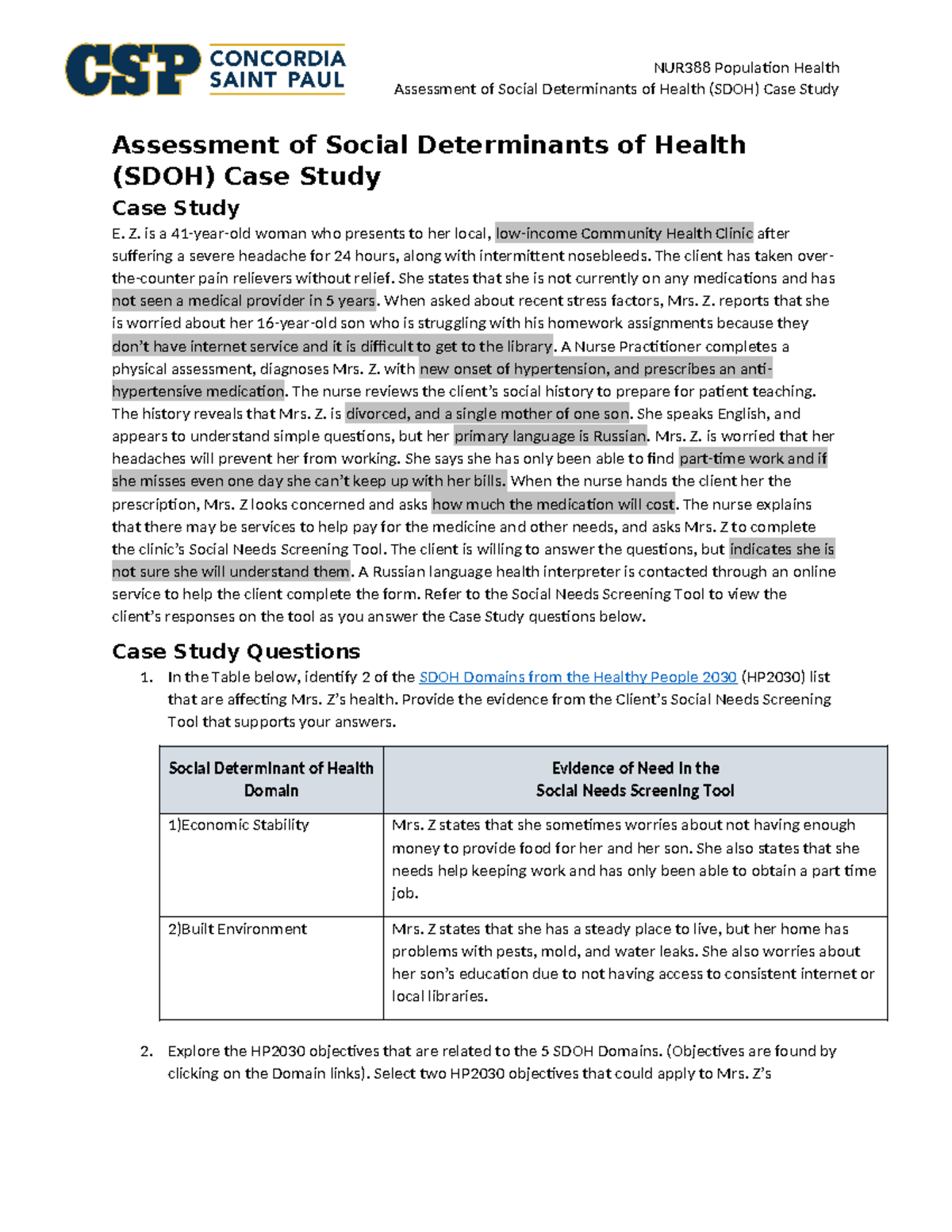 NUR388 SDOH Case Study Analysis: Addressing Client Needs - Studocu