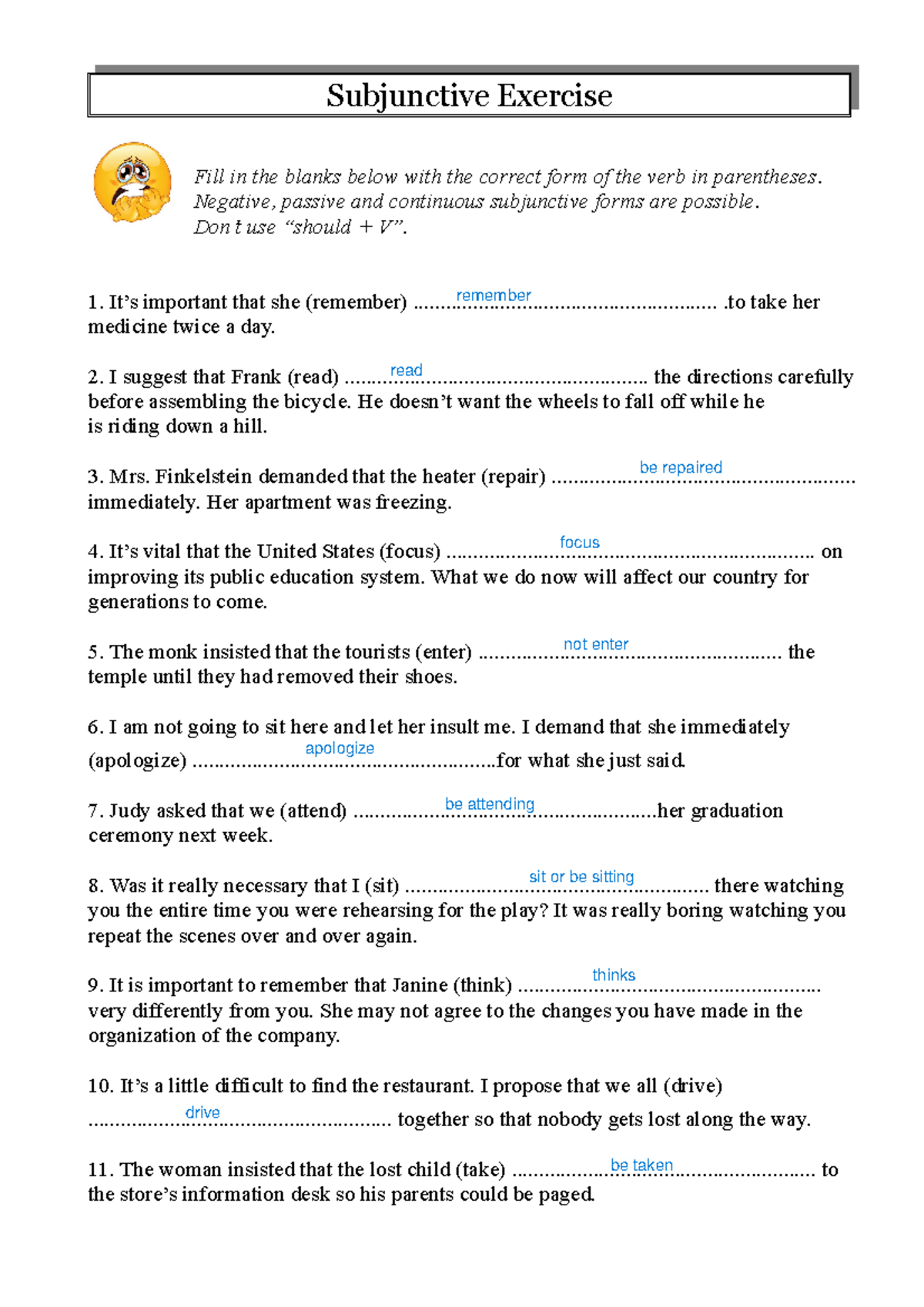 Univ Subjunctive Exercise - Subjunctive Exercise Fill in the blanks ...