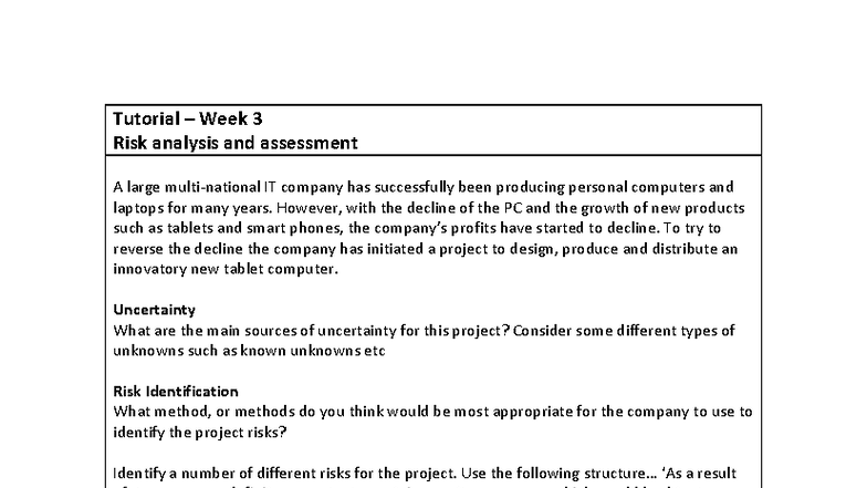 Tutorial week 4 - Tutorial – Week 3 Risk analysis and assessment A ...