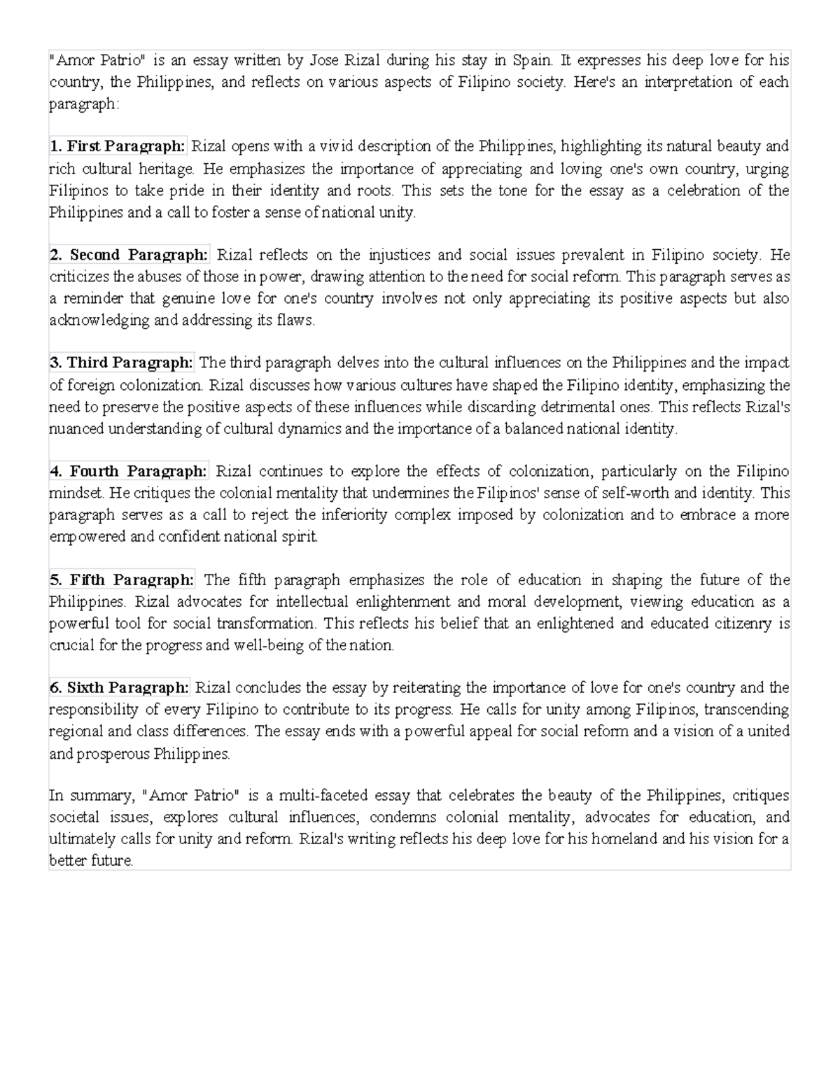 Amor Patrio: Analyzing Rizal's Essay on Filipino Identity & Unity - Studocu