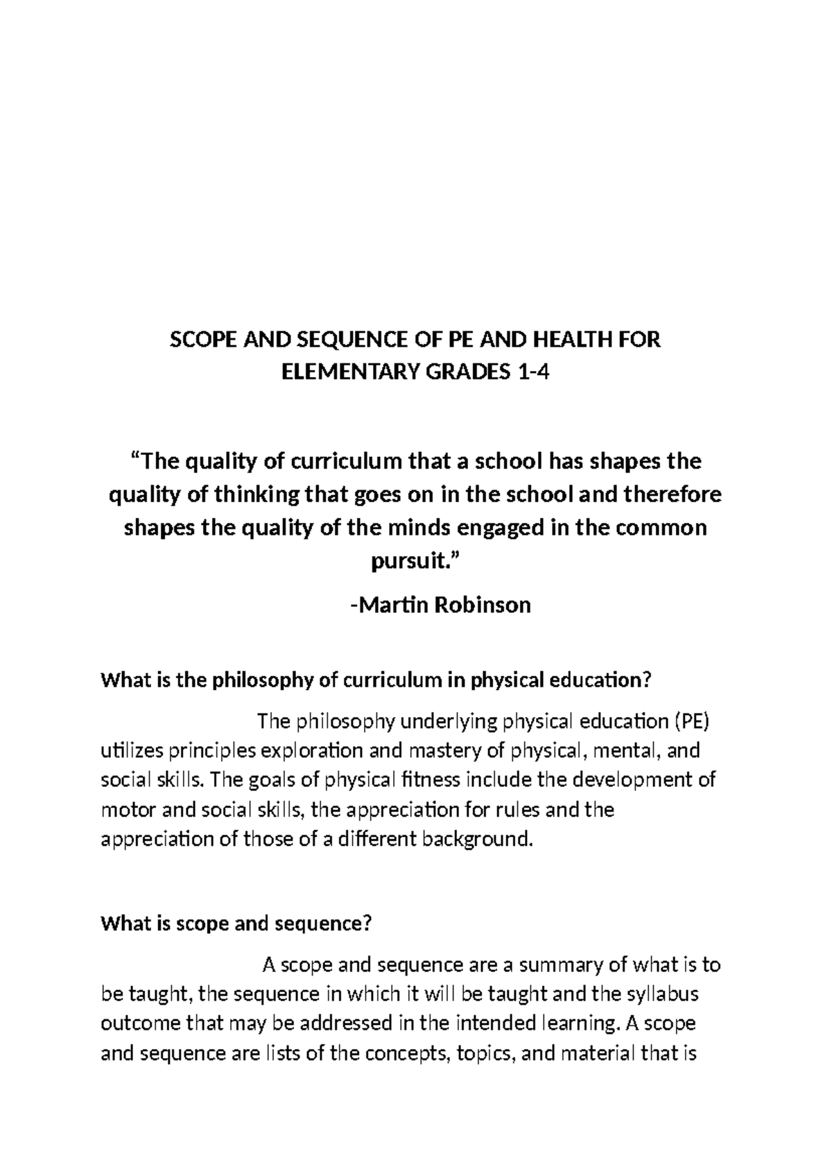 Scope and Sequence for Physical Education & Health (Grades 1-4) - Studocu