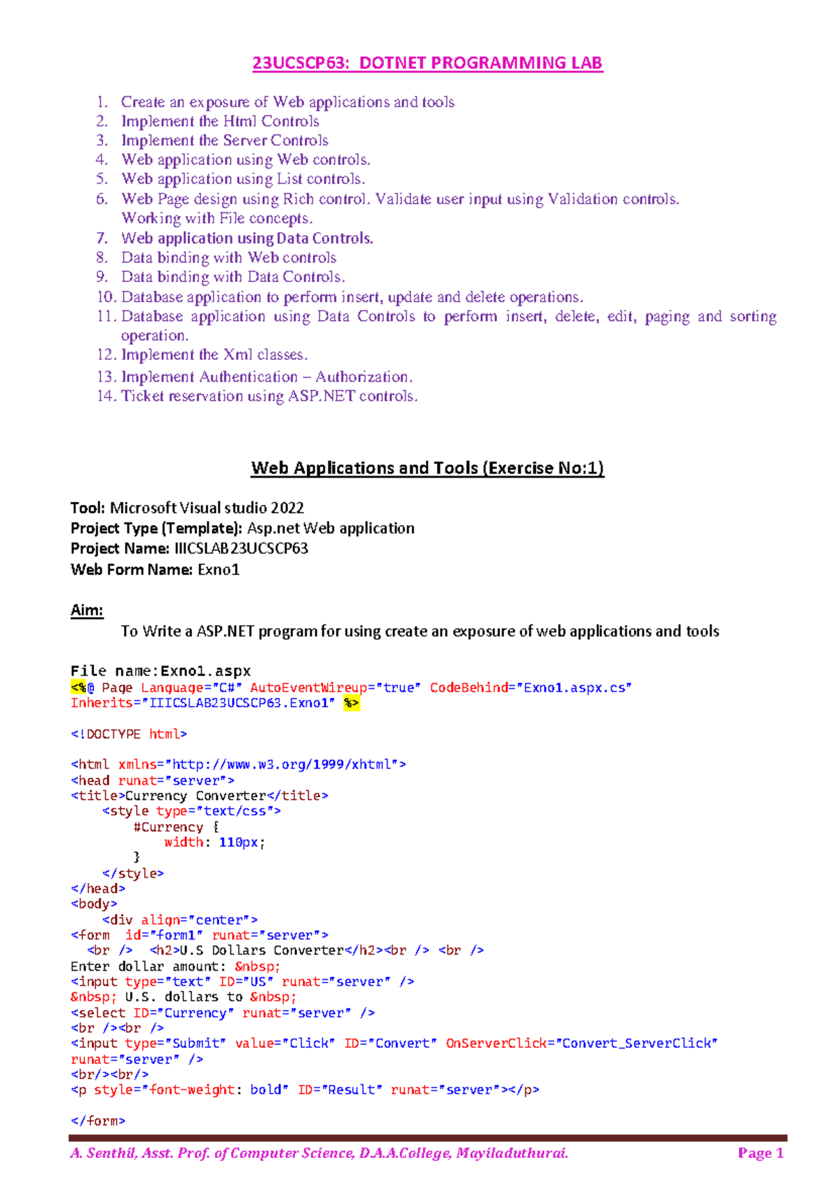 23UCSCP63: ASP.NET Programming Lab Exercises Overview - Studocu