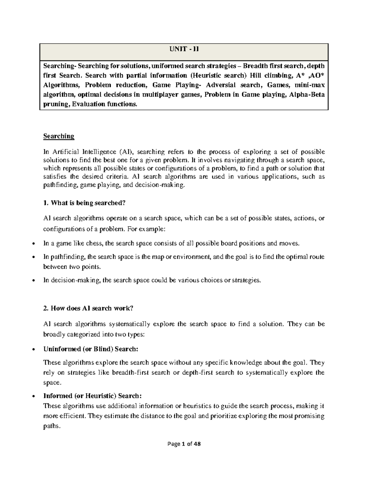 UNIT II Artificial Intelligence: Search Strategies & Algorithms - Studocu