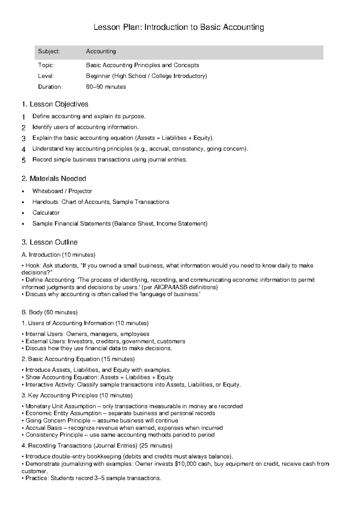 ACC101: Basic Accounting Lesson Plan for Beginners - Studocu