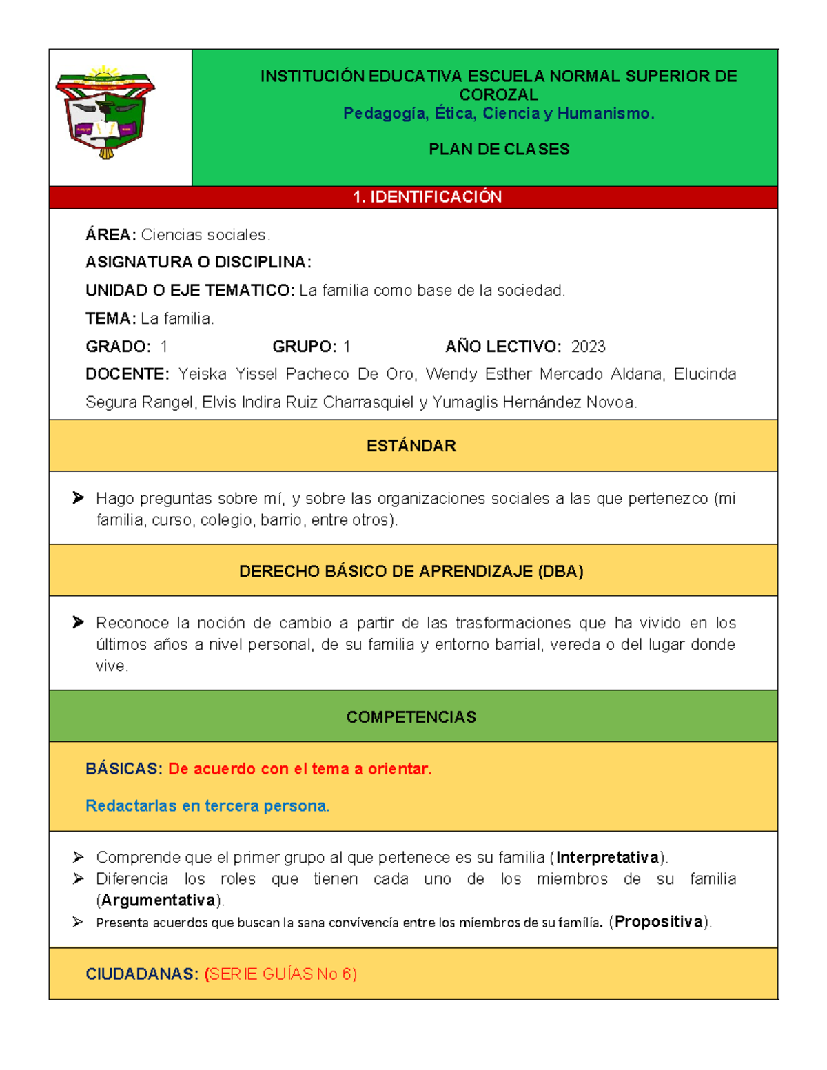 PLAN DE CLASE - Ciencias Sociales: La Familia en Grado 1 - Studocu