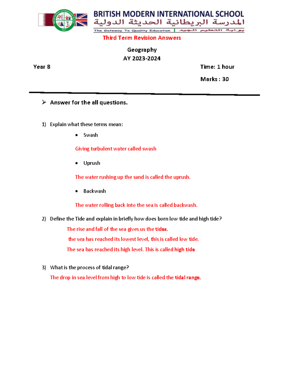 Geography Year 8 Term 3 Revision Answers (AY 2023-2024) - Studocu