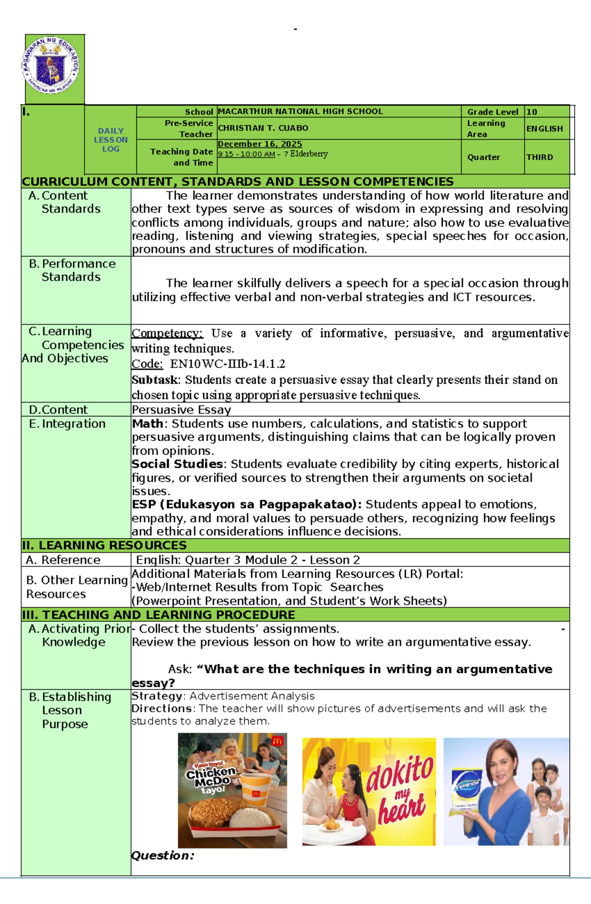 Daily Lesson Log: Persuasive Essay Techniques for Grade 10 ENGLISH ...