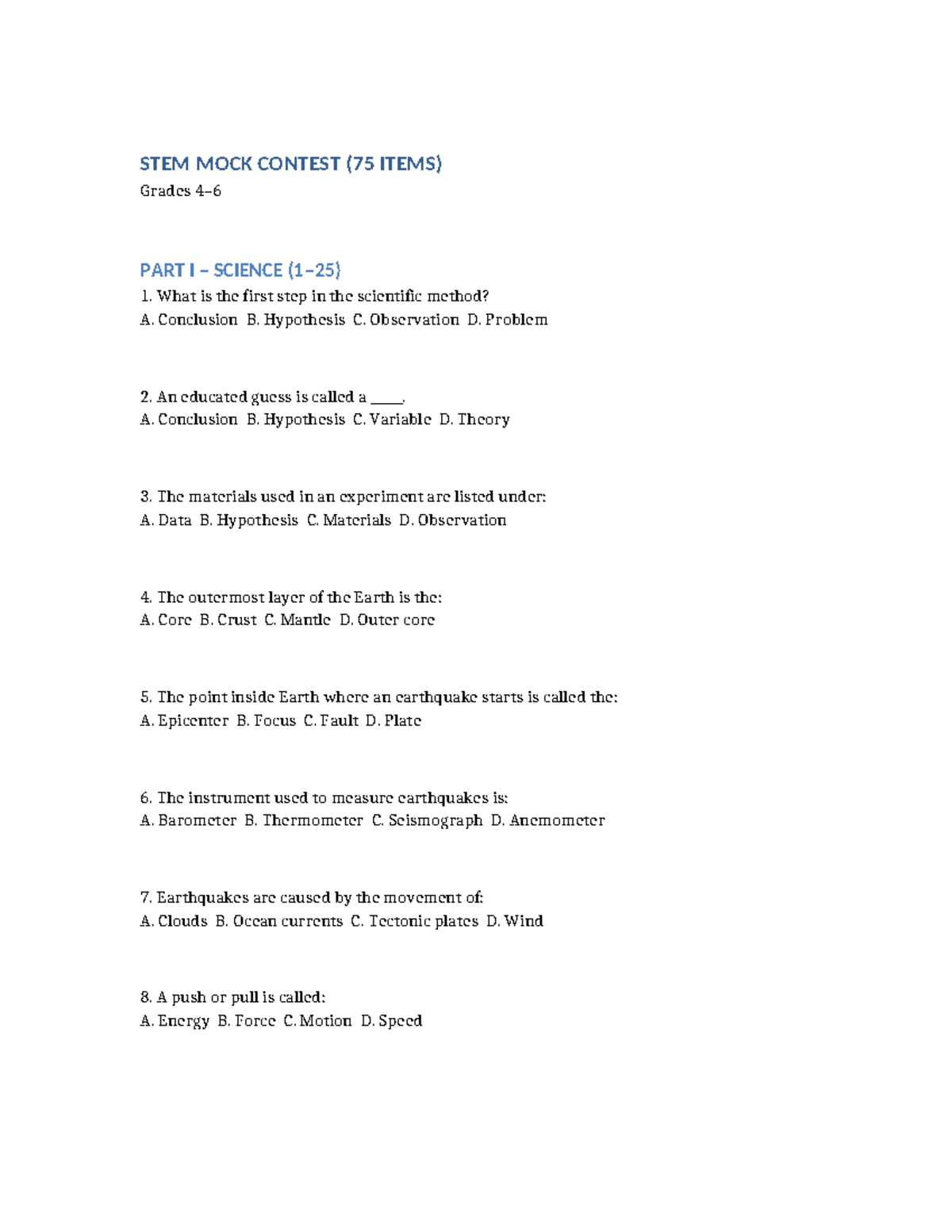 STEM Mock Contest (75 Items) - Part I: Science Questions - Studocu